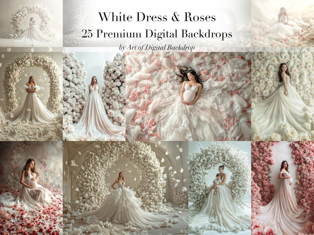 Roses Florals & White Flowing Fabric Dress Digital Backdrops ...