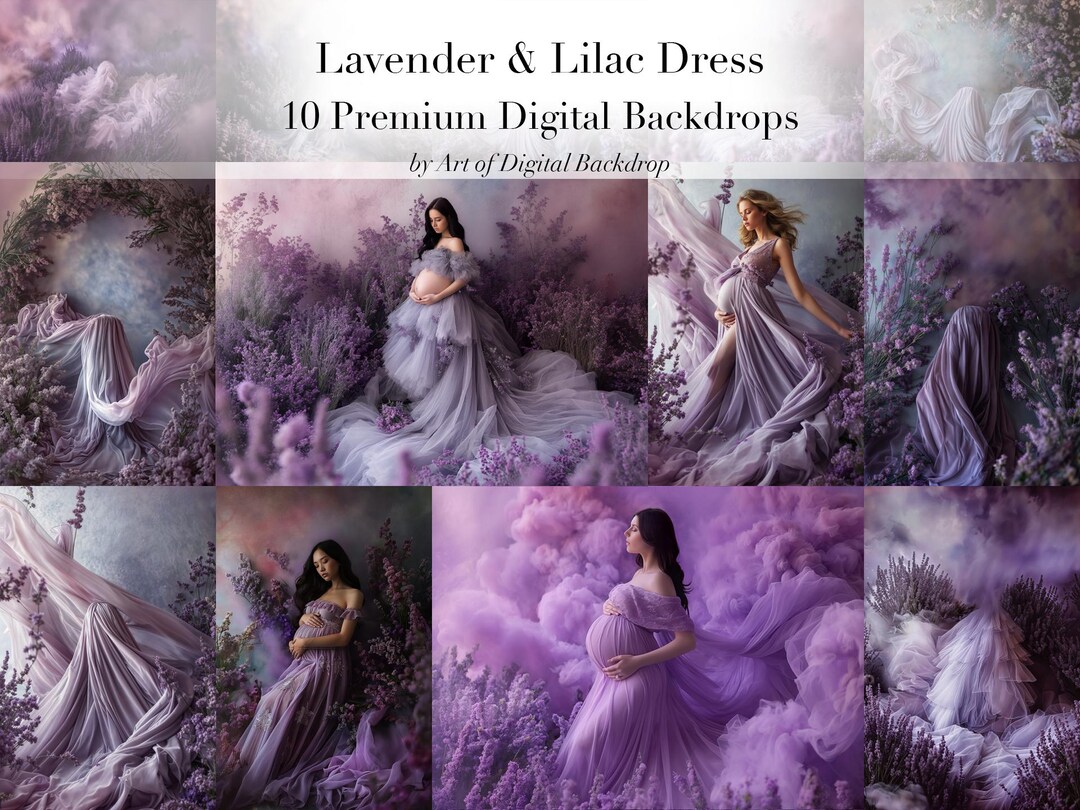 Lavender Field & Lilac Purple Flowing Fabric Dress Digital Backdrops ...