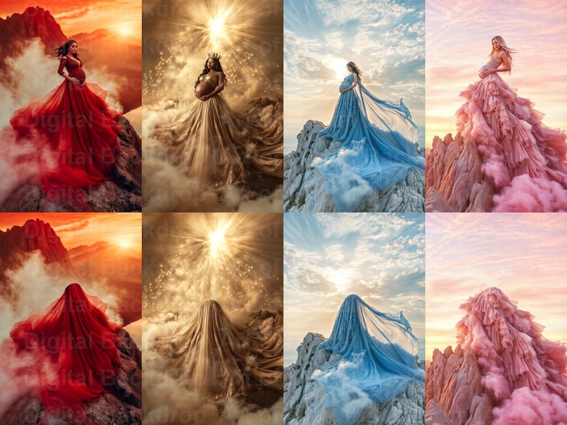 Sky, Clouds, Mountain & Flowing Flaying Fabric Dress Digital Backdrops ...