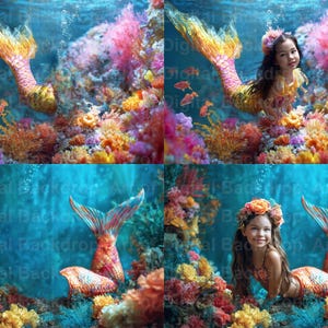 Colourful Swimming Mermaids Digital Backdrops - Fantasy Photo Art ...