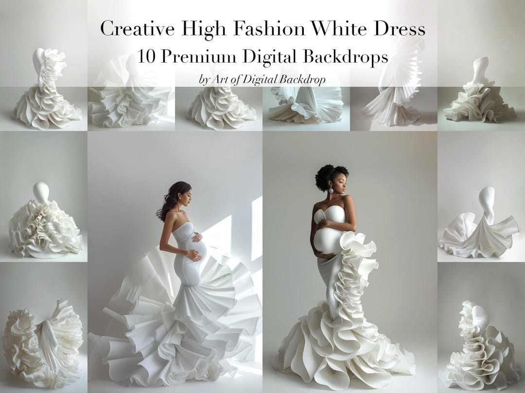 High Fashion White Dress Art Digital Backdrops PNG Set Maternity and ...