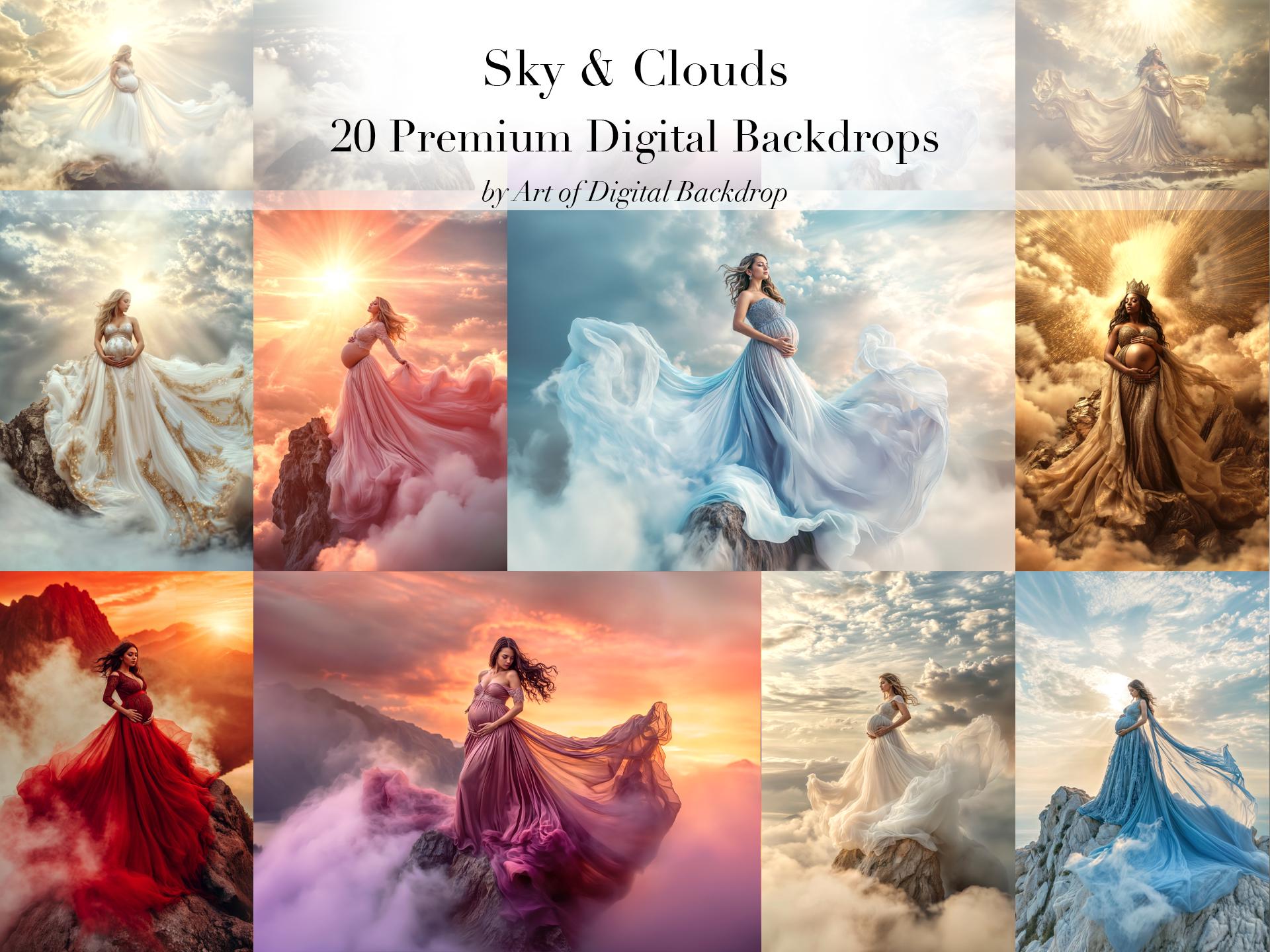 Sky, Clouds, Mountain & Flowing Flaying Fabric Dress Digital Backdrops ...