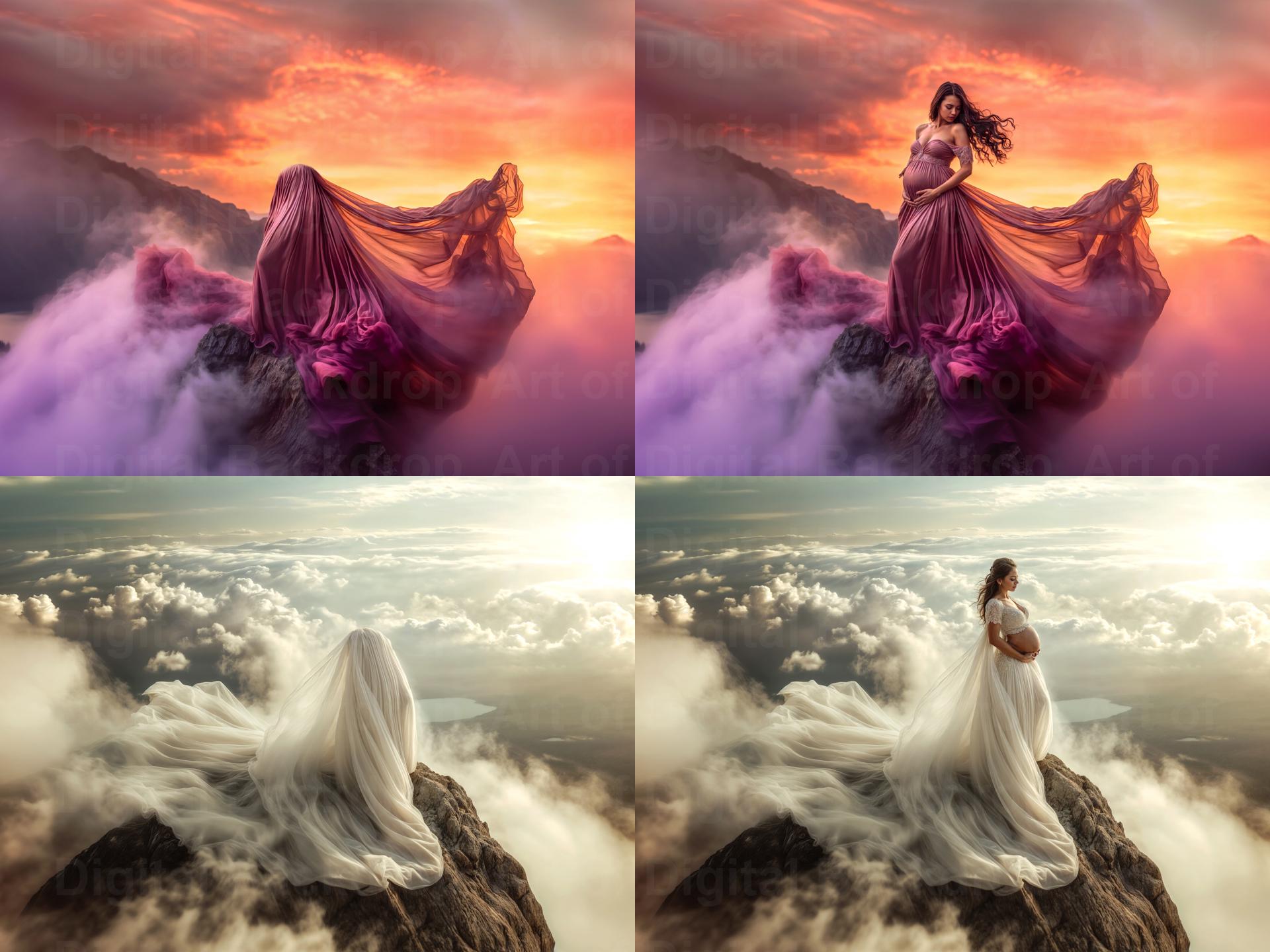 Sky, Clouds, Mountain & Flowing Flaying Fabric Dress Digital Backdrops ...