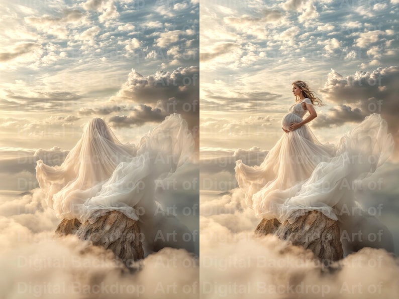 Sky, Clouds, Mountain & Flowing Flaying Fabric Dress Digital Backdrops ...