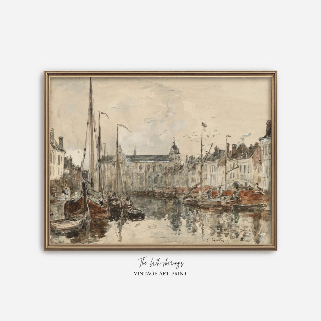 Vintage Harbor Art Print: Sailboats at Port, Antique Watercolor Sketch ...