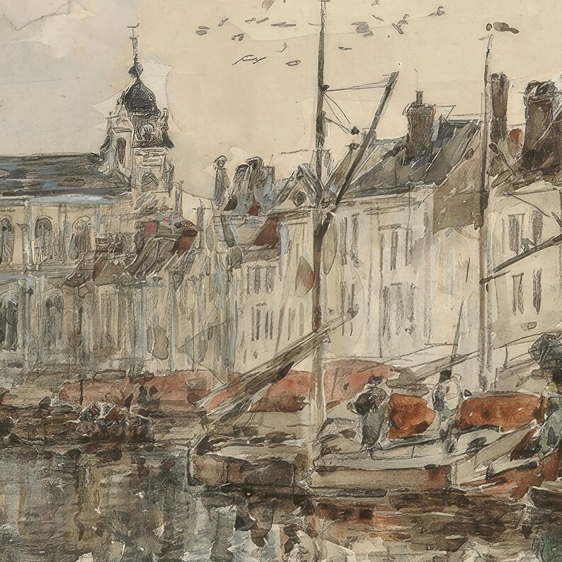 Vintage Harbor Art Print: Sailboats at Port, Antique Watercolor Sketch ...