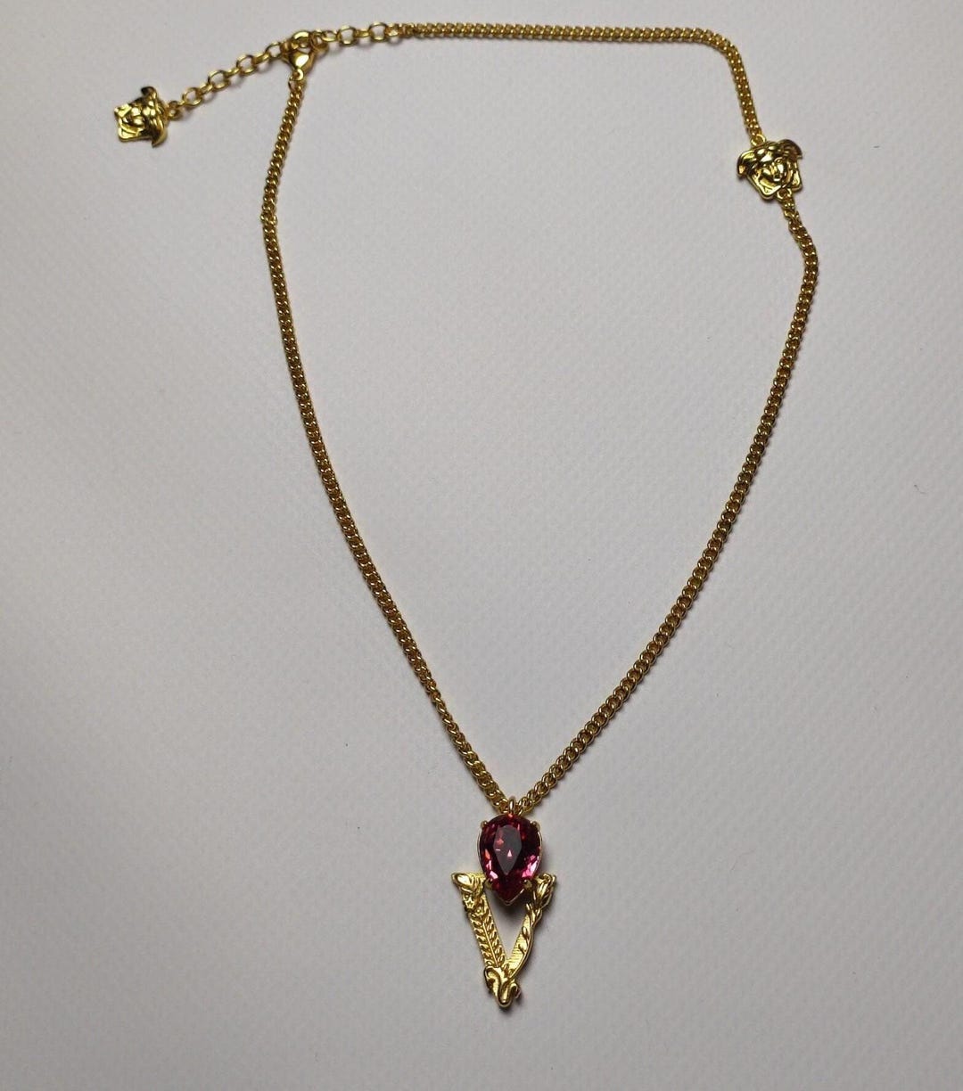 Versace Gold Pink Stone V Alphabet Pendant Necklace Luxury Designer ...