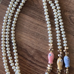 Glass Pearl Beaded Necklace With Fish Bead and Gold Accent Beads - Etsy