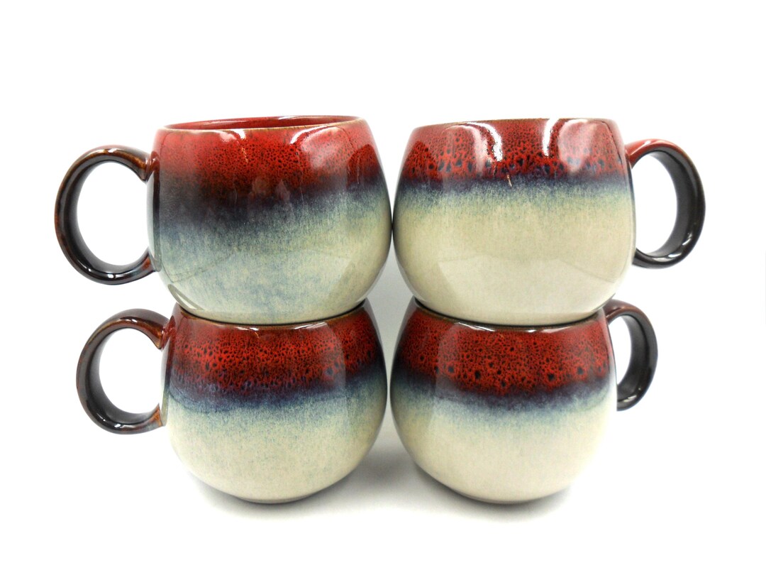 Set of 4 Reactive Glaze Sphere Cuddle Mugs in Blood Red Top With Misty ...