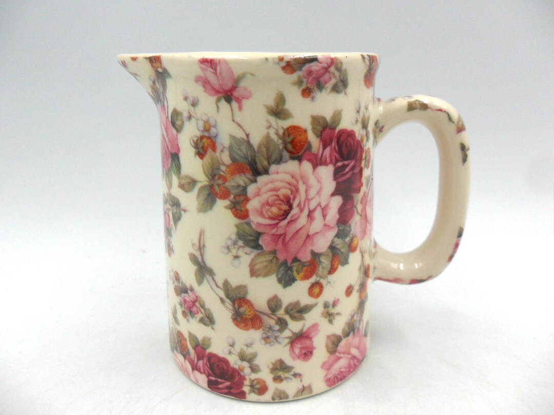 Quarter Pint Earthenware Jug in Strawberry Rose Design by Heron Cross ...
