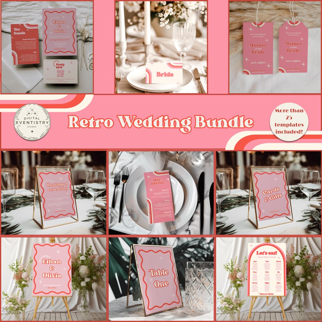 Retro Themed Wedding Template Bundle | Editable Designs | Wavy Wedding ...