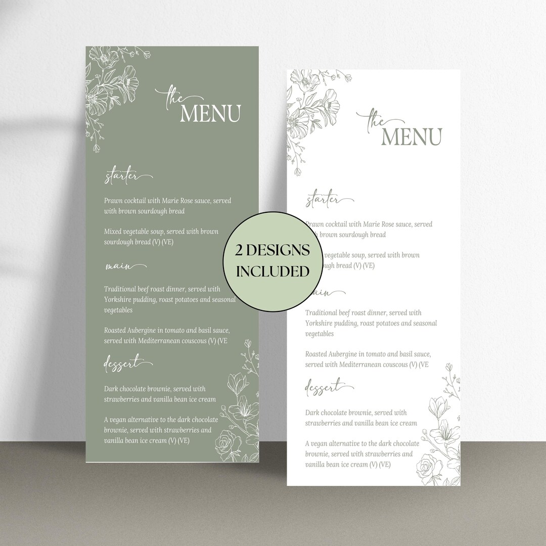 Sage Green Wedding Menu Template | Botanical Personalised Guest Menu ...