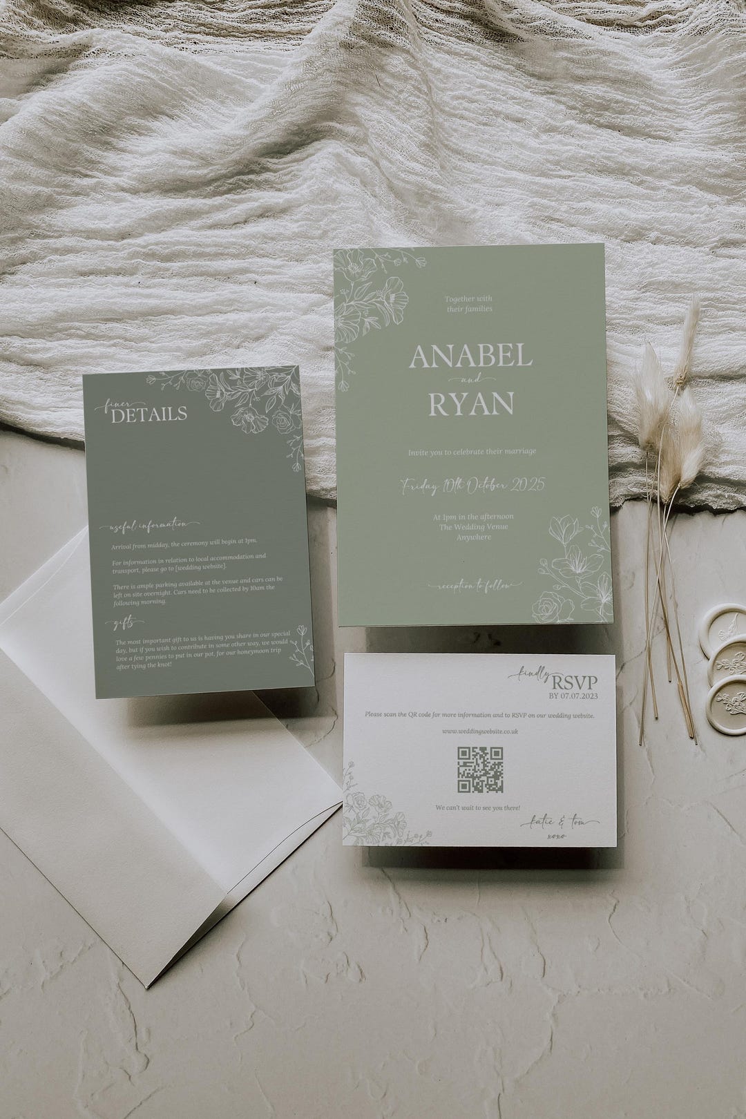 Sage Green Floral Wedding Invitation Template | Botanical Wedding ...