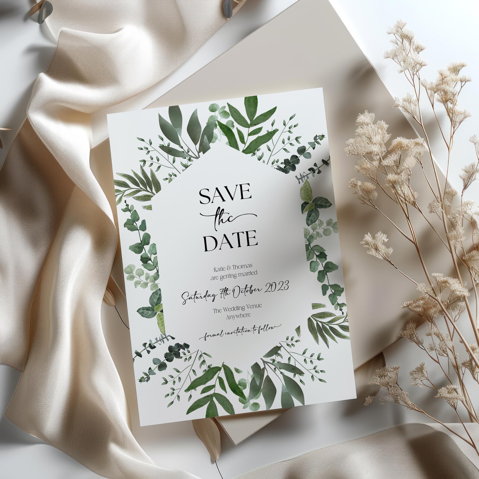 Greenery Wedding Save the Date Template | Editable Canva Design ...