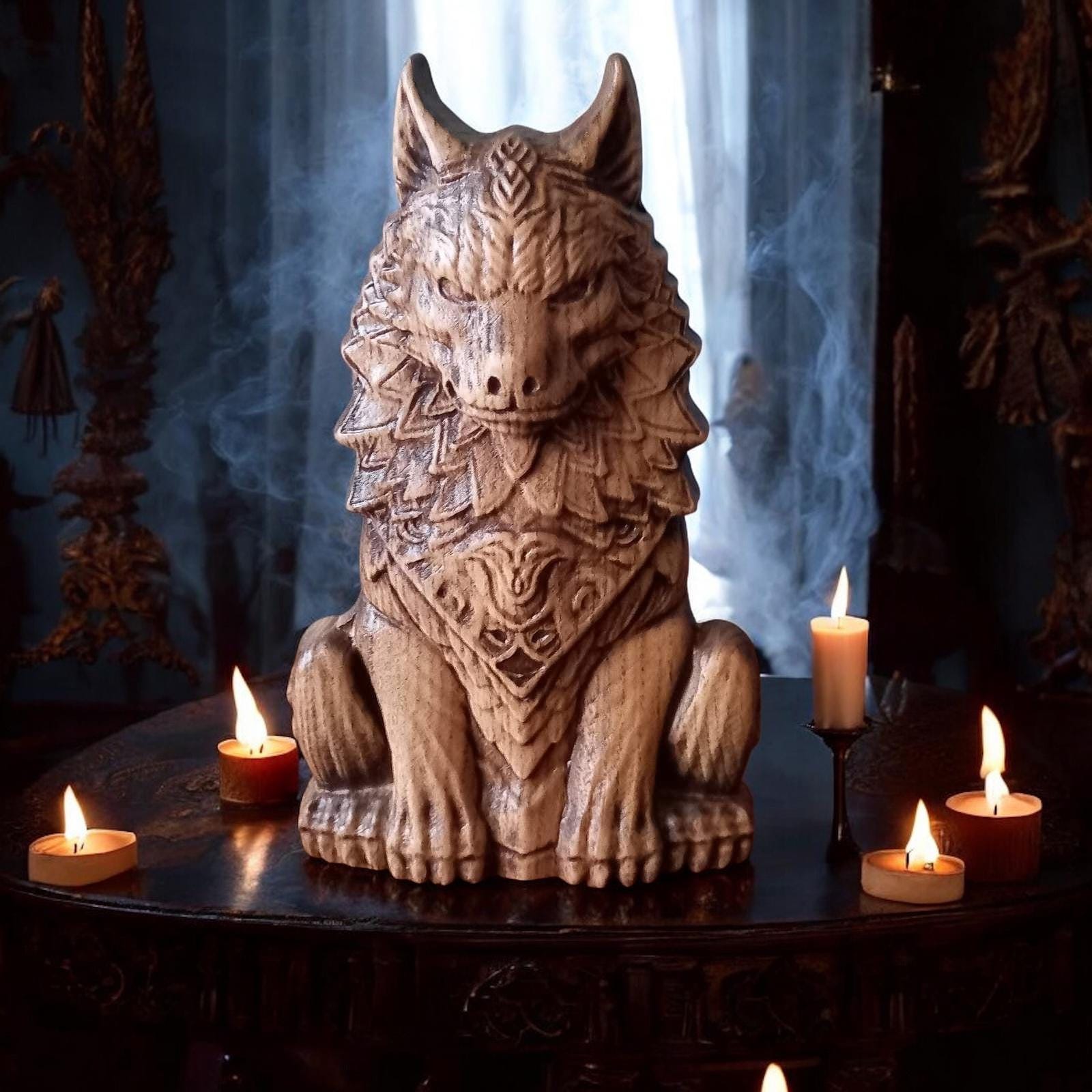 Fenrir Wolf Wooden Altar Statue Viking Nordic Pagan Decor Wolf Fenrir ...