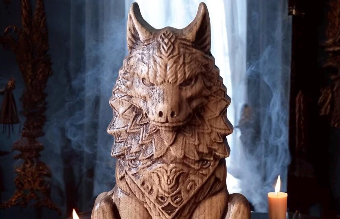 Fenrir Wolf Wooden Altar Statue Viking Nordic Pagan Decor Wolf Fenrir ...