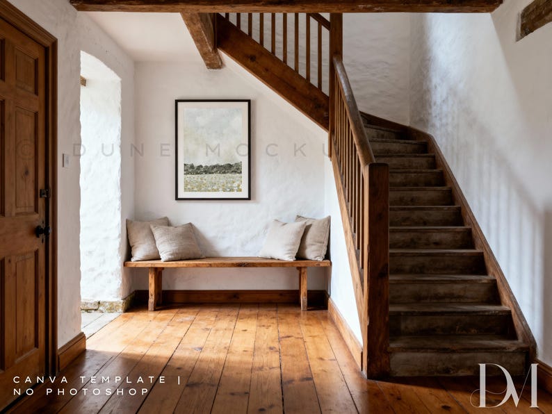 English Country Staircase Frame Mockup | Rustic Interior Canva Template ...
