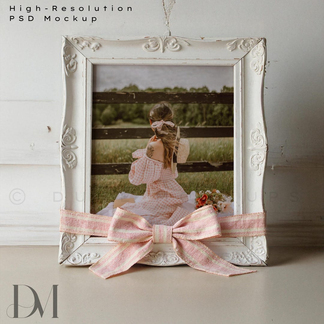 Cottagecore 4x5 Frame Mockup: Vintage Frame Pink Bow | PSD & JPG - Etsy
