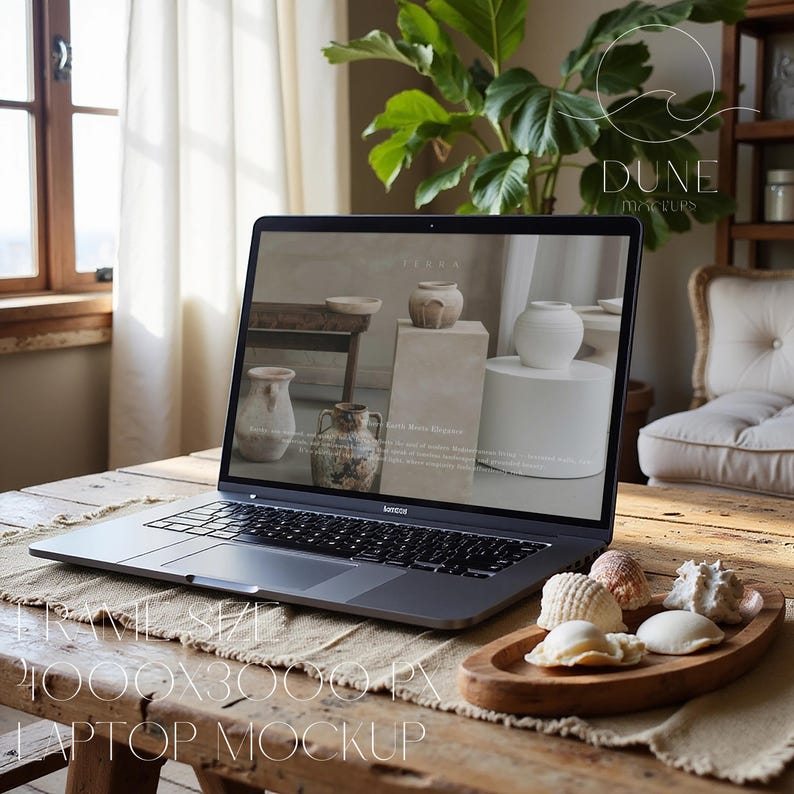 Coastal Laptop Mockup | Rustic Wood, Seashells (PSD JPG) - Etsy