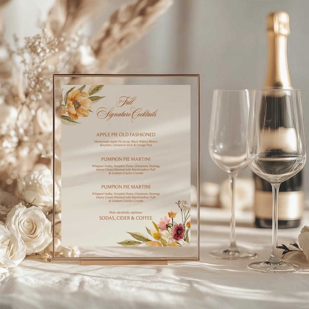 Fall Cocktail Menu Card: Thanksgiving Signature Drinks Sign (DIY ...