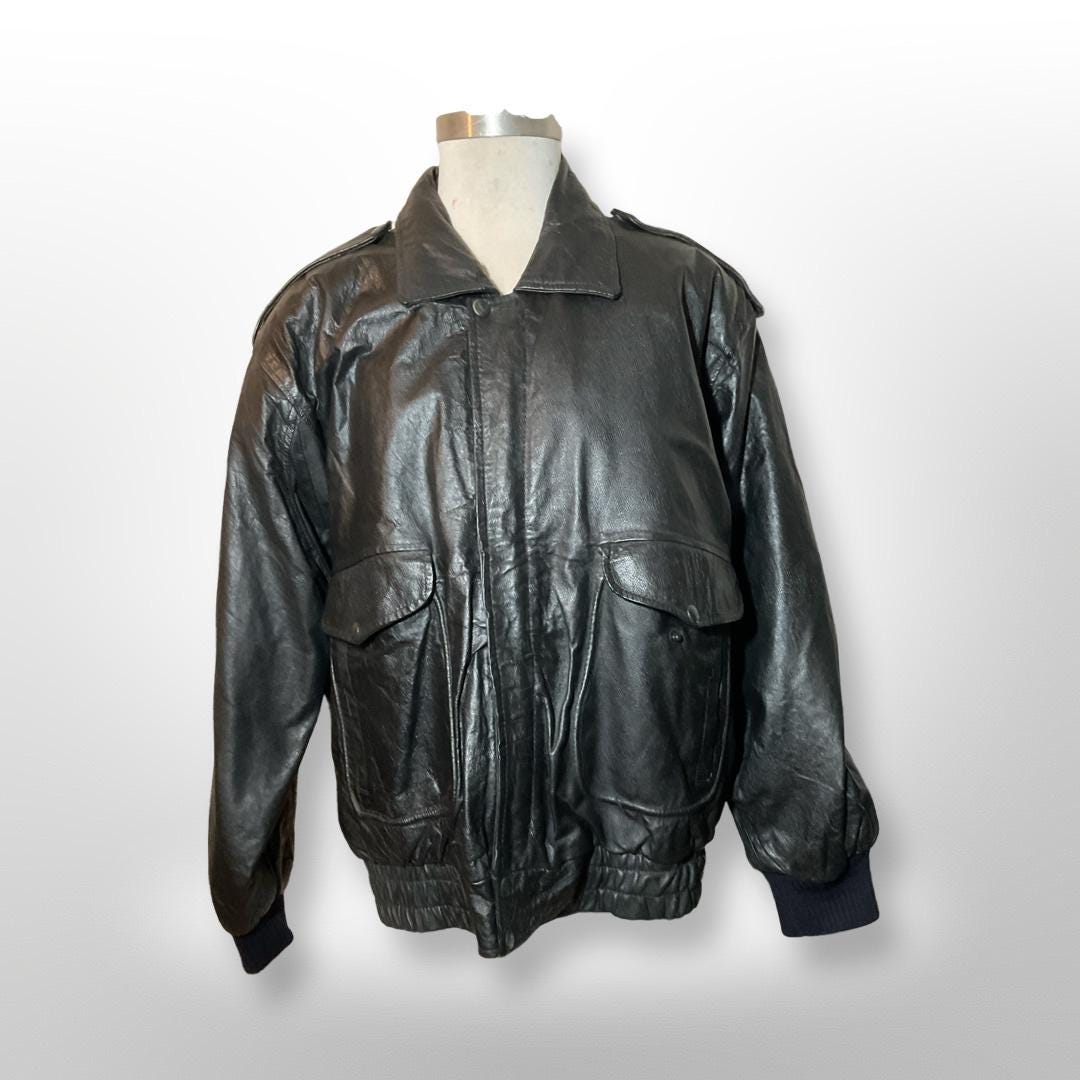 Vintage 1980s Black Leather Mens Bomber Jacket - Etsy