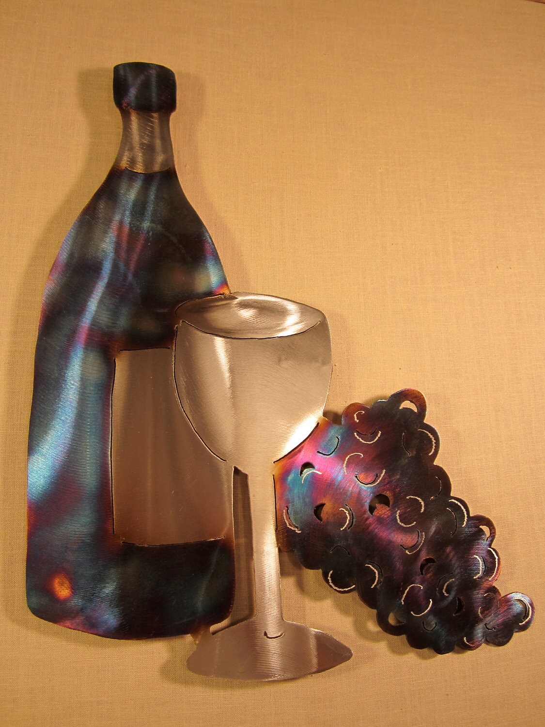 Wine Bottle Glass Grapes Steel Metal Wall Art Cellar Merlot French ...