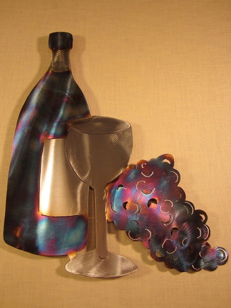 Wine Bottle Glass Grapes Steel Metal Wall Art Cellar Merlot French ...