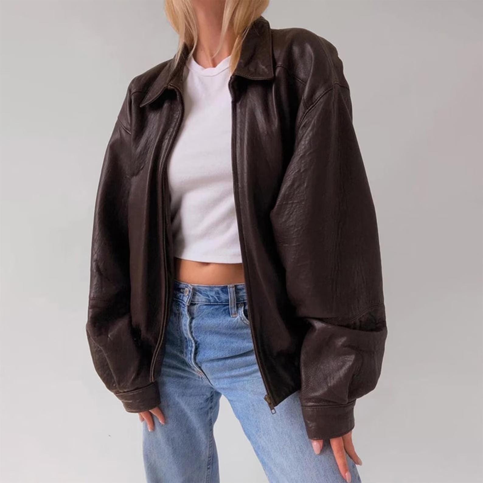 1980s Oversized Retro Distressed Vintage Brown Handmade Real Leather Jacket Women's Streetwear ...