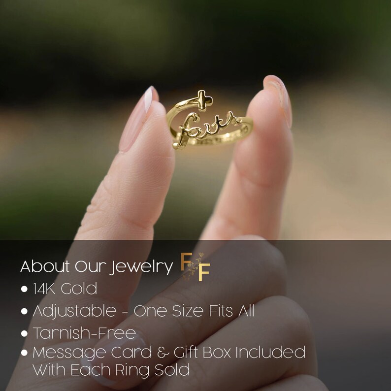 Found Faith 14K Yellow Gold Adjustable Script Ring Religious Cross Ring ...