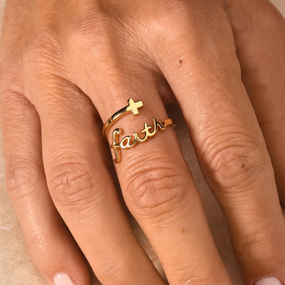 Found Faith 14K Yellow Gold Adjustable Script Ring Religious Cross Ring ...