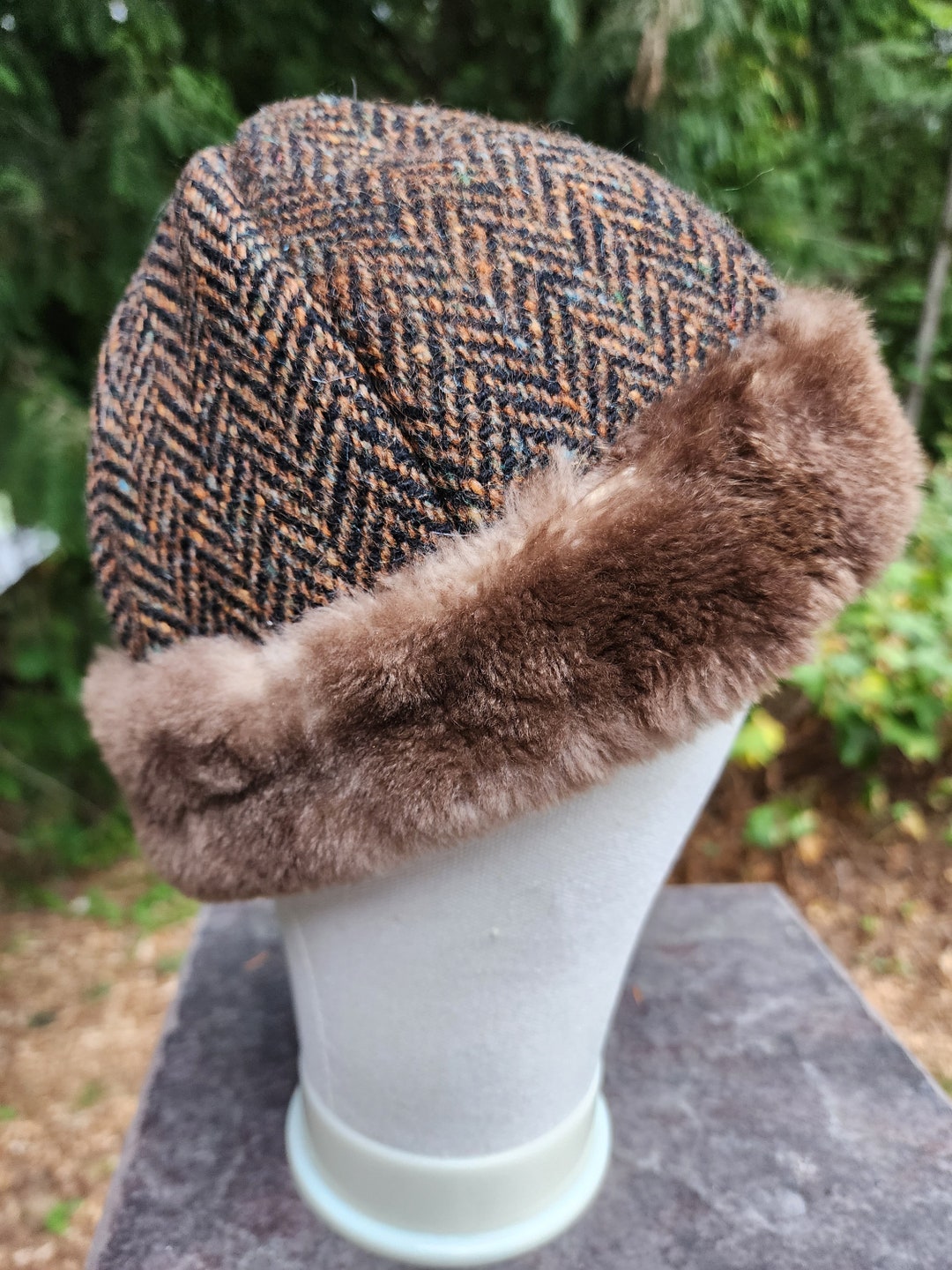 Mongolian, Cossack, Norse, Viking Style Fur Hat Tweed Herringbone Wool ...