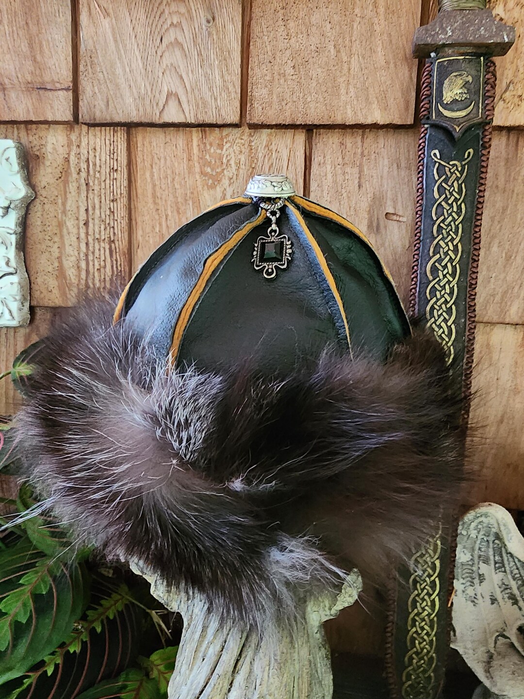 Mongolian, Cossack, Norse, Viking Style Fur, Unisex, Black Leather, Fox ...