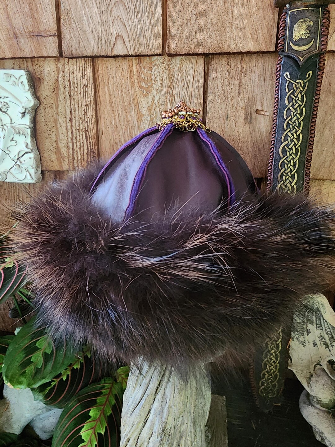 Mongolian, Cossack, Norse, Viking Style Fur, Unisex, Purple Leather ...