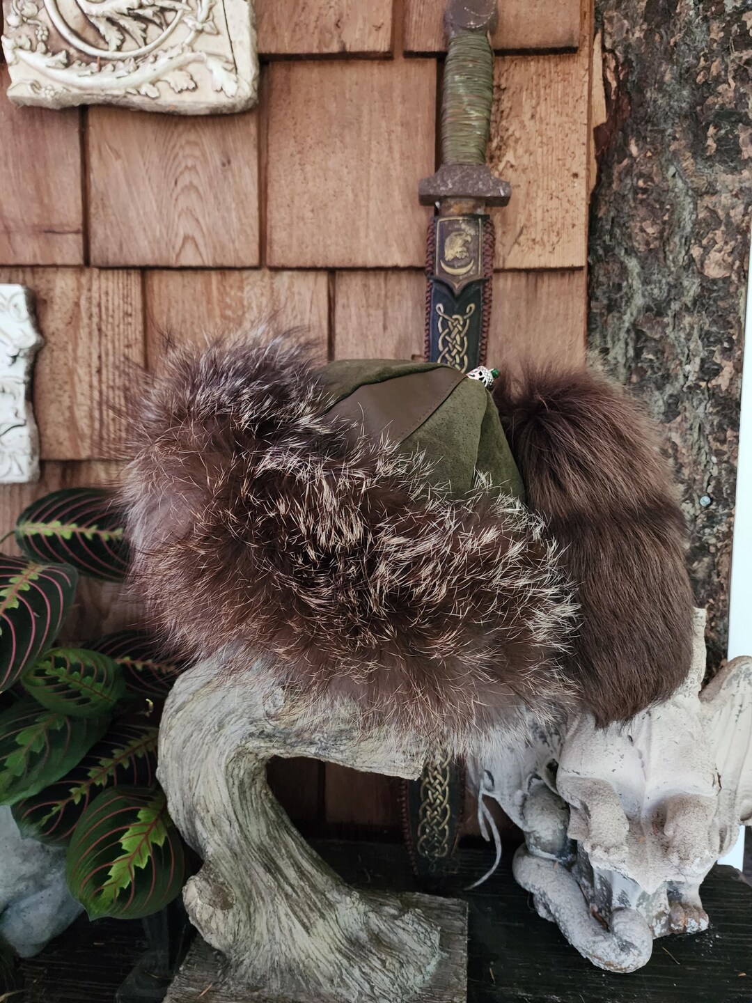 Mongolian, Cossack, Norse, Viking Style Fur, Unisex, Green Suede and ...