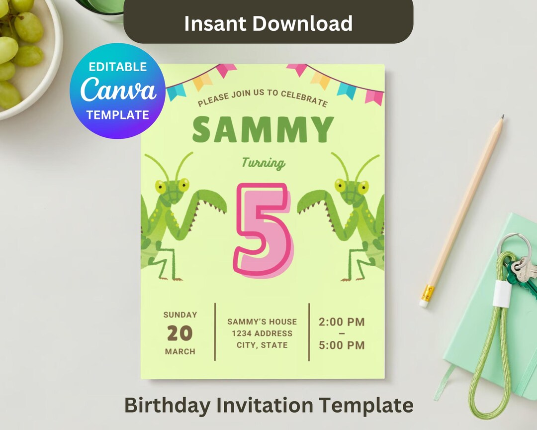 Editable Praying Mantis Birthday Invitation, Instant Digital Download ...