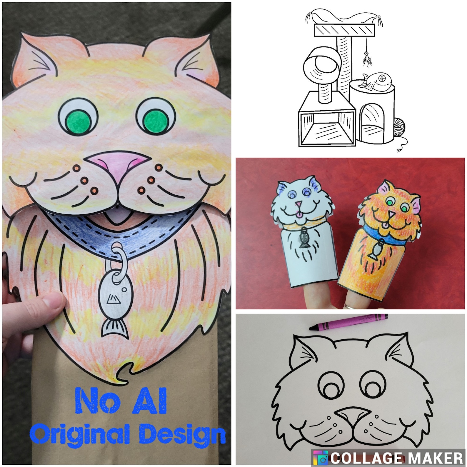 Cat Fun, Paper Bag Puppets and Finger Puppets With Color Sheet - Etsy