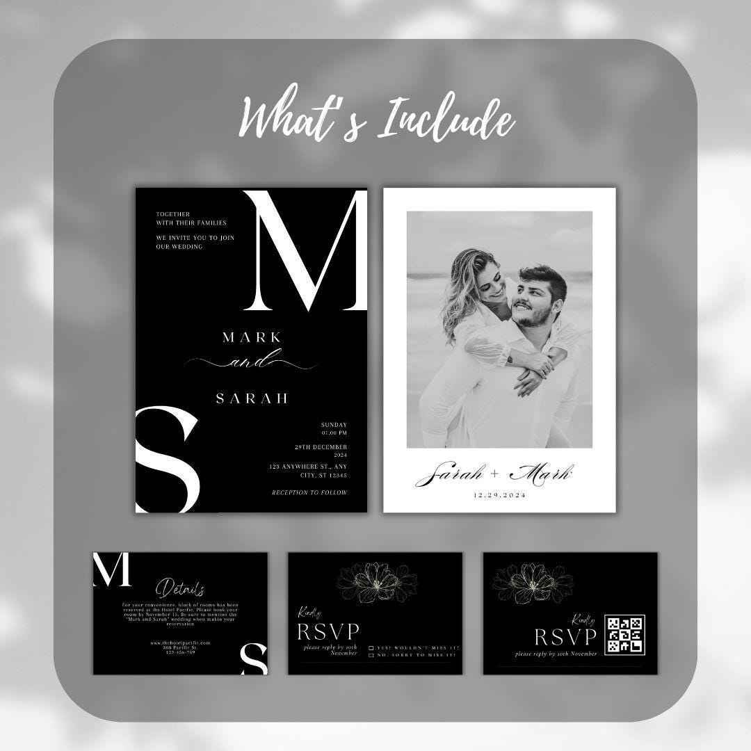 Modern Black Wedding Invitation Template: Editable Monochrome Design ...