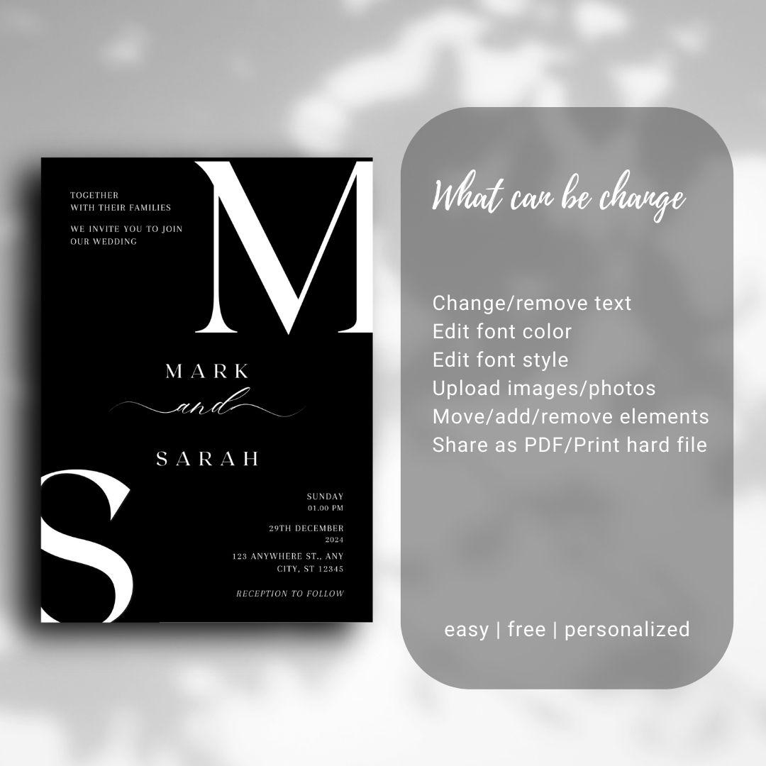 Modern Black Wedding Invitation Template: Editable Monochrome Design ...