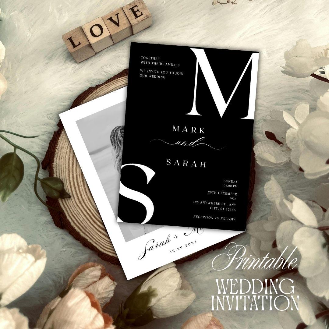 Modern Black Wedding Invitation Template: Editable Monochrome Design ...