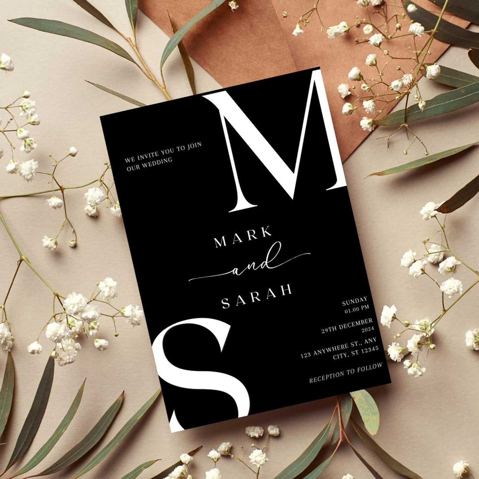 Black Wedding Invitation Digital, Wedding Invitation, Wedding ...