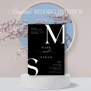 Modern Black Wedding Invitation Template: Editable Monochrome Design ...