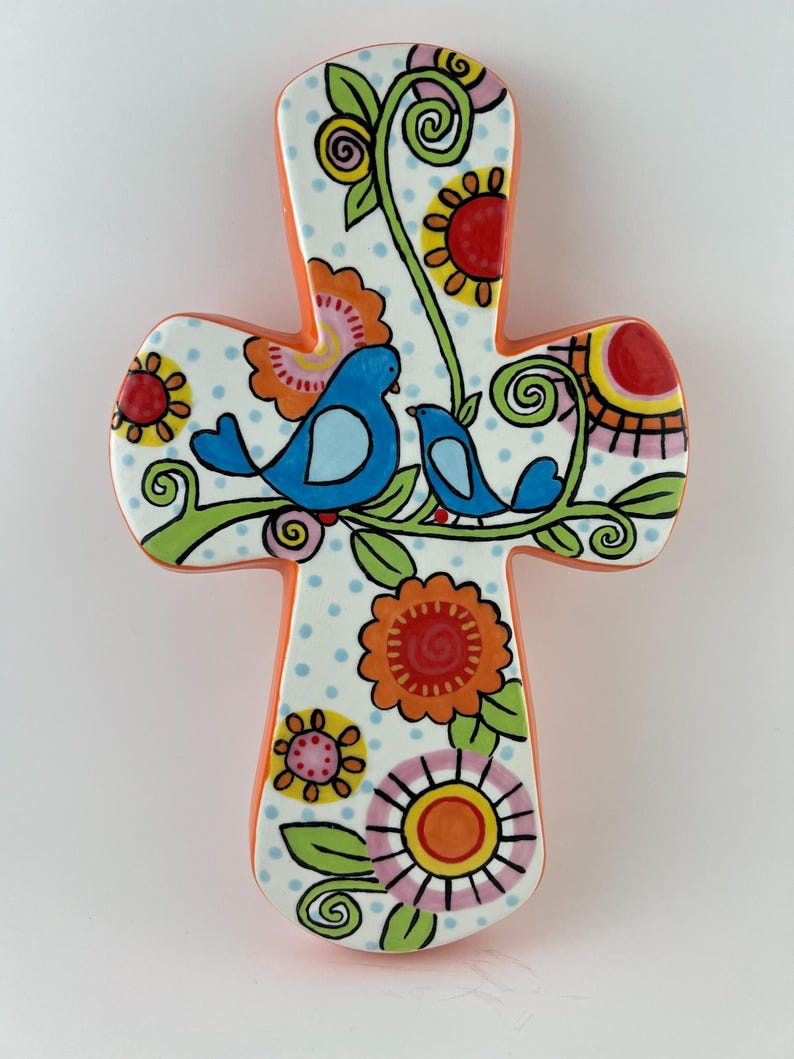 Painted Ceramic Cross: Bird Design - Etsy