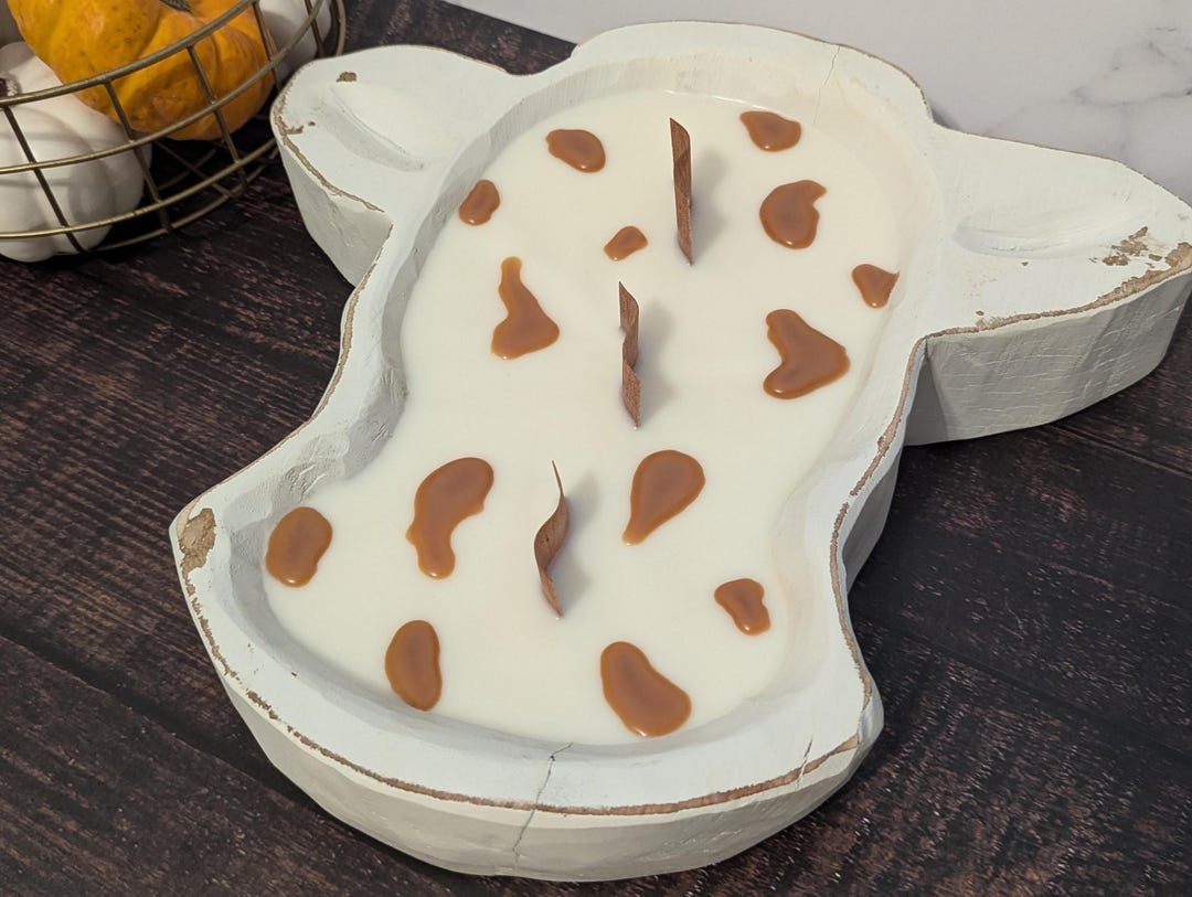 Farmhouse Dough Bowl Cow Candle, White Dough Bowl, Rustic Candle, Cow ...