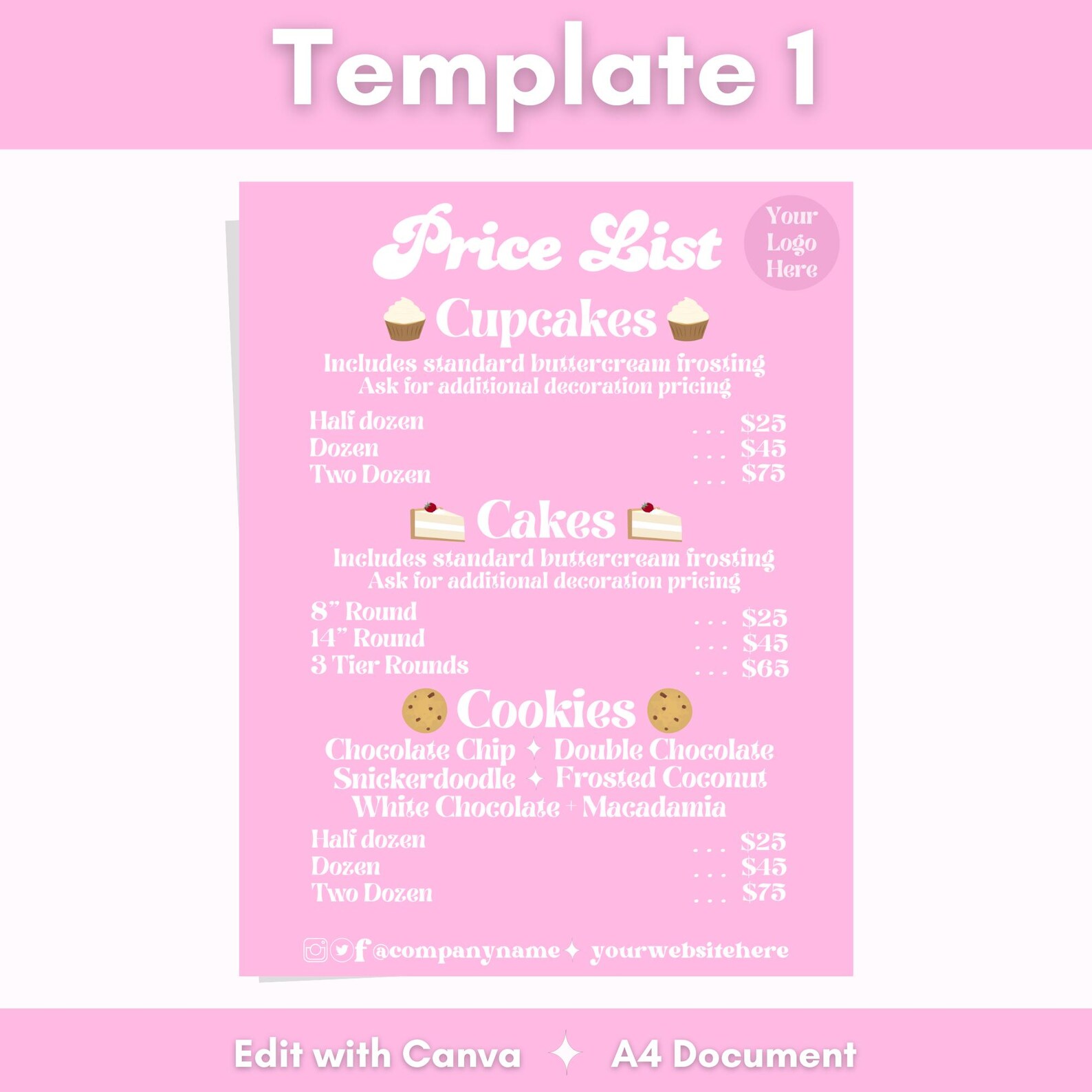 Pink Cottage Bakery Menu Template Bundle: Canva Editable Designs ...