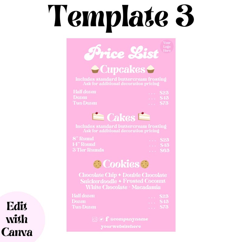 Price List Template, Pop up Bakery Menu Template, Cottage Food Menu ...