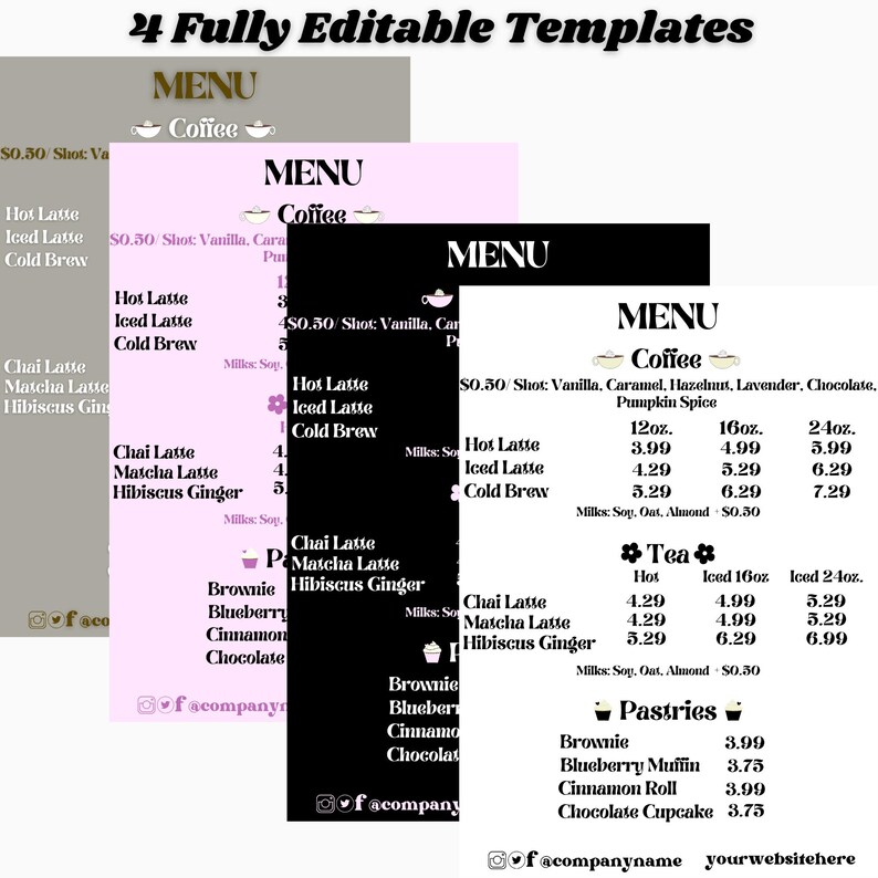 Wedding Menu Templates Printable Pop up Bakery Price List Cafe Business ...