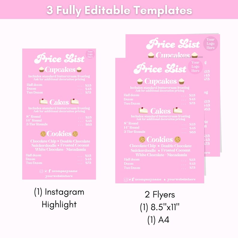 Pink Cottage Bakery Menu Template Bundle: Canva Editable Designs ...