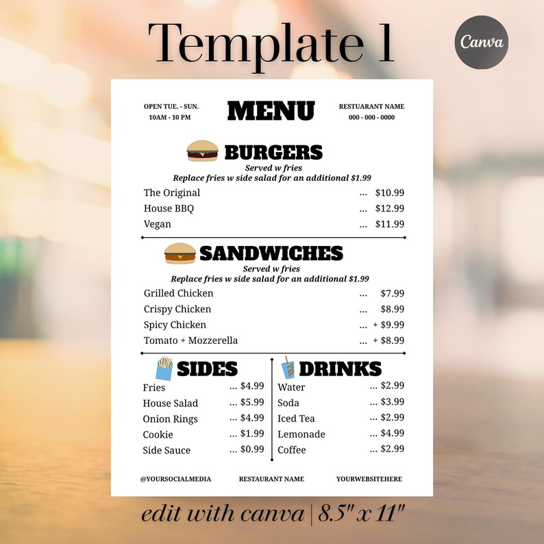 Restaurant Menu Canva Template: Editable 8.5 X 11 Digital Download - Etsy
