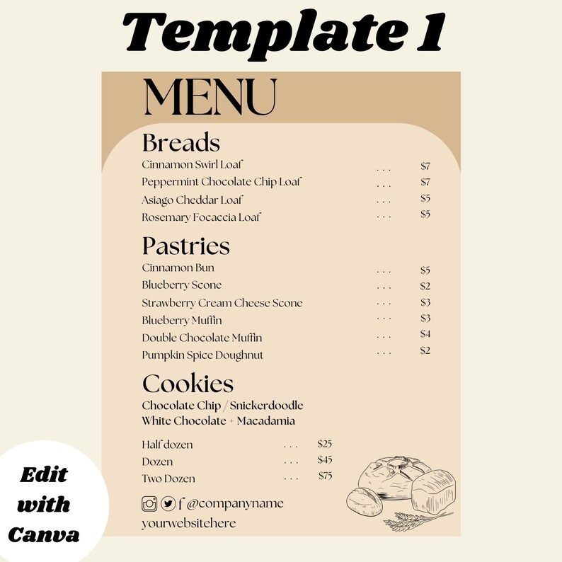 Menu Templates, Sourdough Bread Price List Template, Editable Download ...