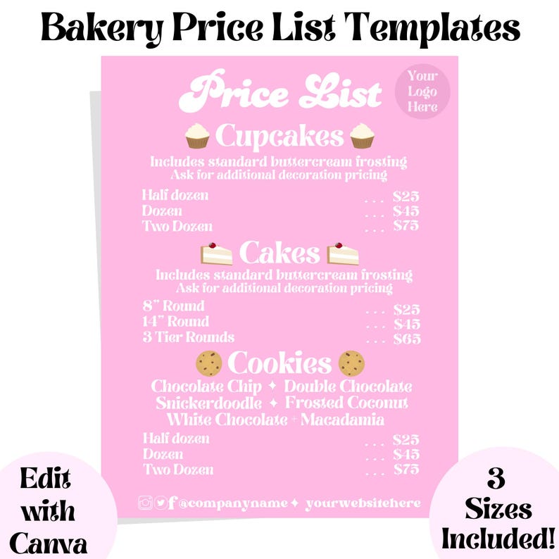 Price List Template, Pop up Bakery Menu Template, Cottage Food Menu ...